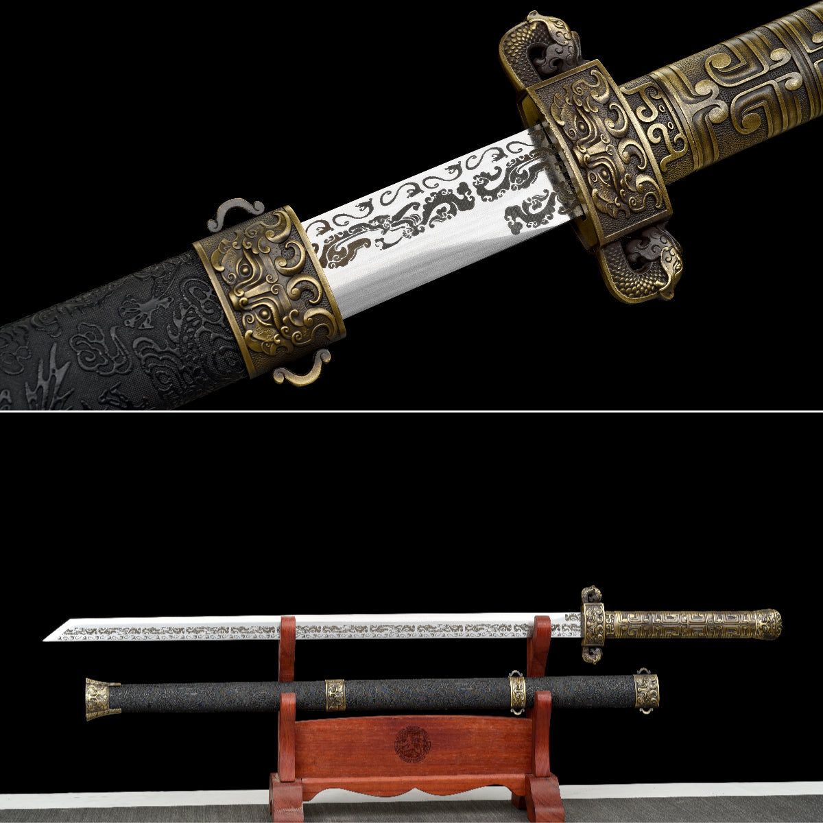 Handmade Chinese style Sword 1045 High carbon steel Full Tang Black Le ...